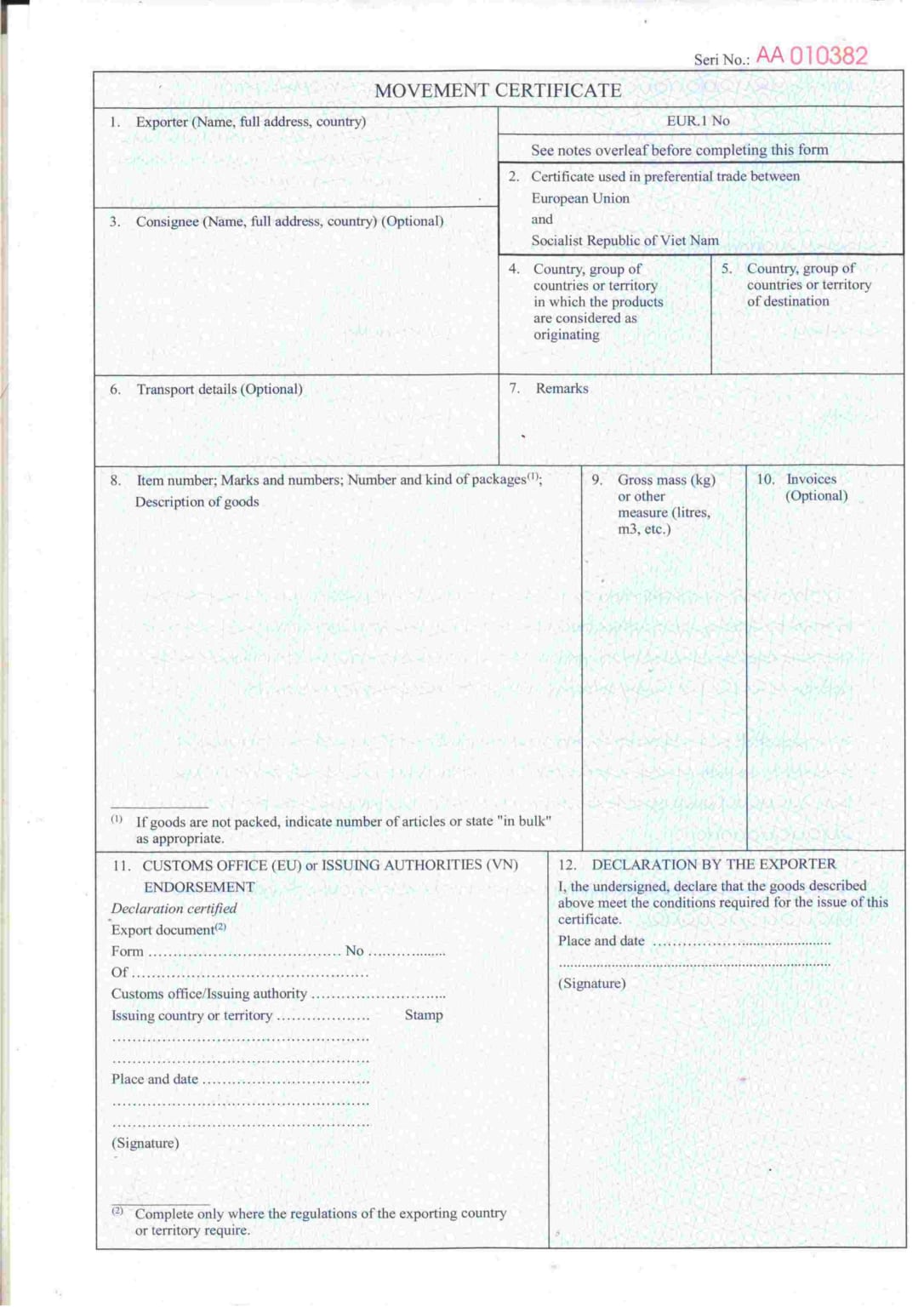 File Excel in C/O form EUR.1 của Việt nam