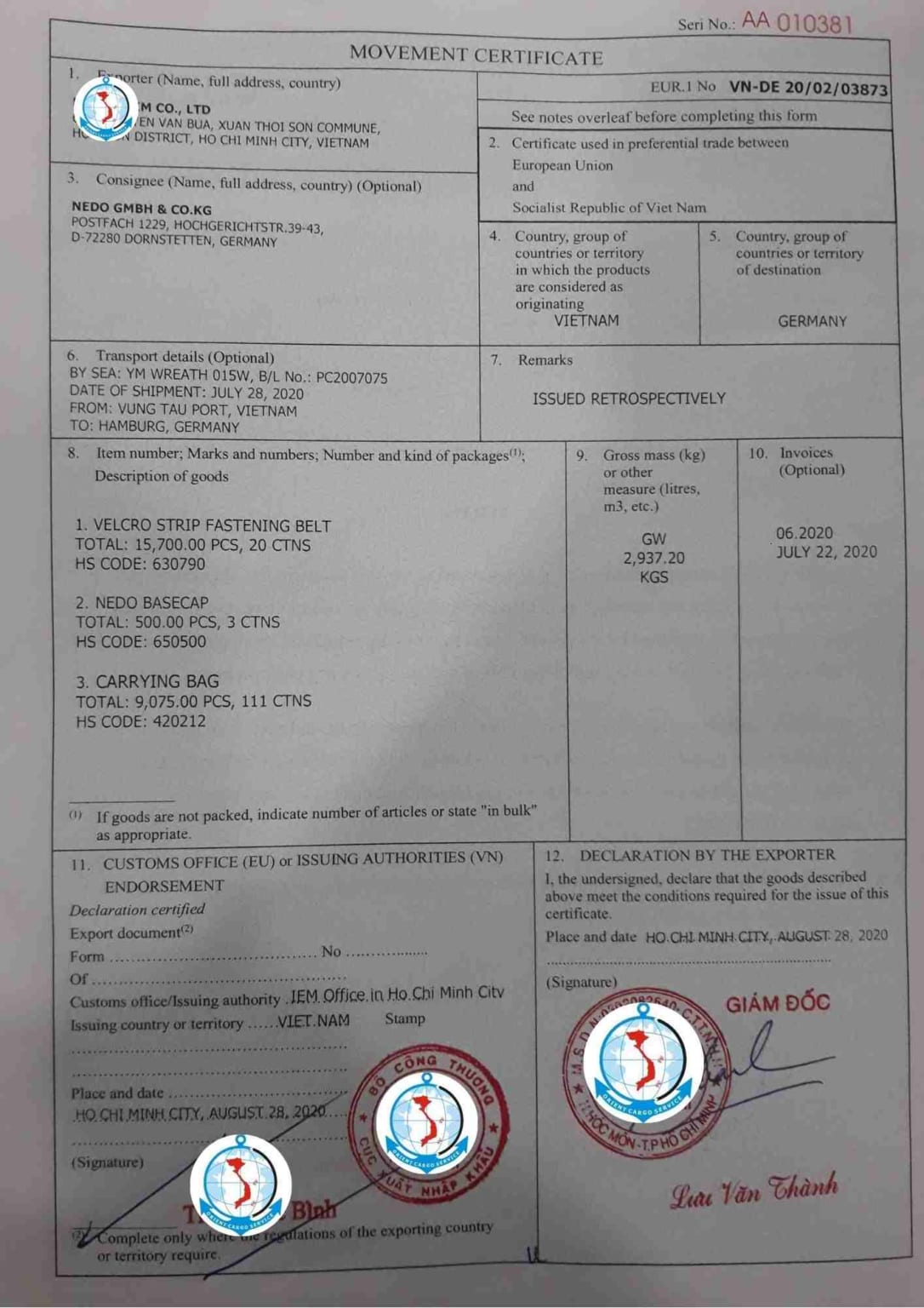 File Excel in C/O form EUR.1 của Việt nam